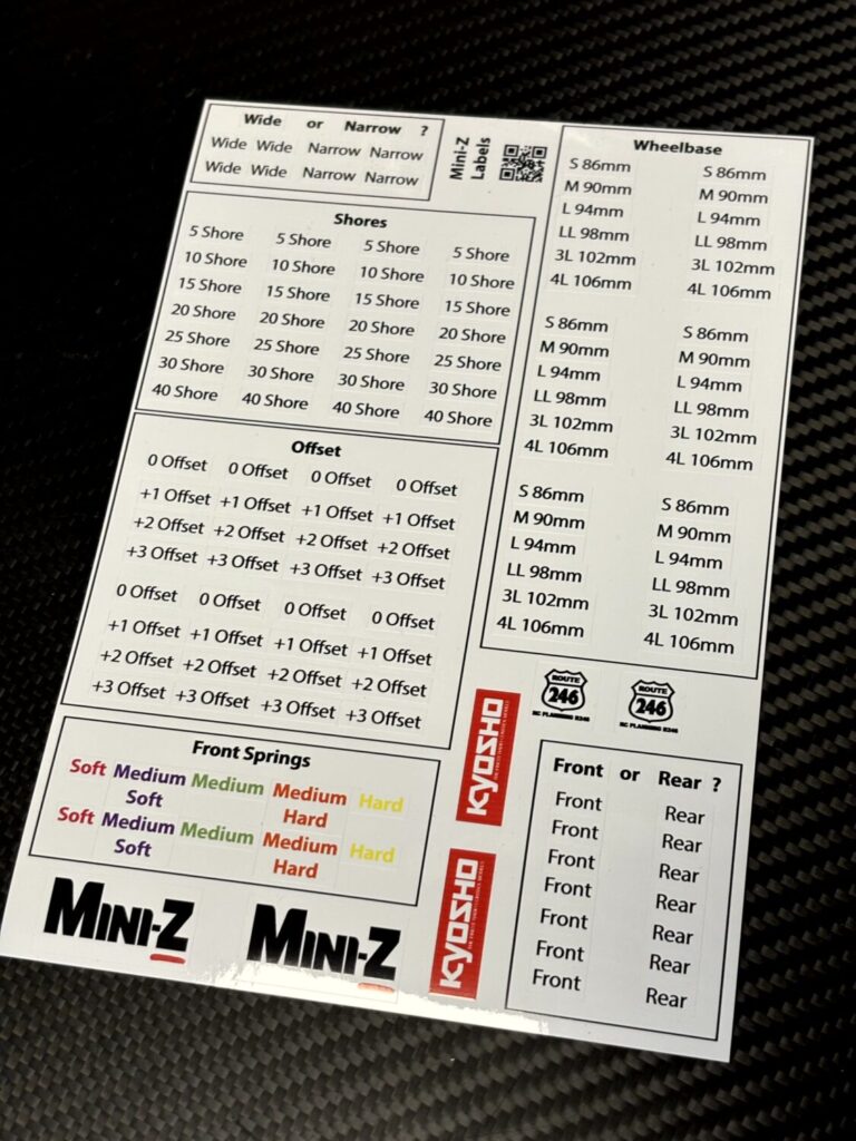 Kyosho Mini-Z Body / Banden / Veren / Shores Label Stickervel BRPD1051