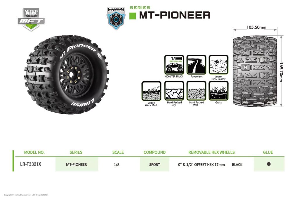 LouiseRC MFT MT-Pioneer Tyres for 1/8 Monster Truck (2) LR-T3321X